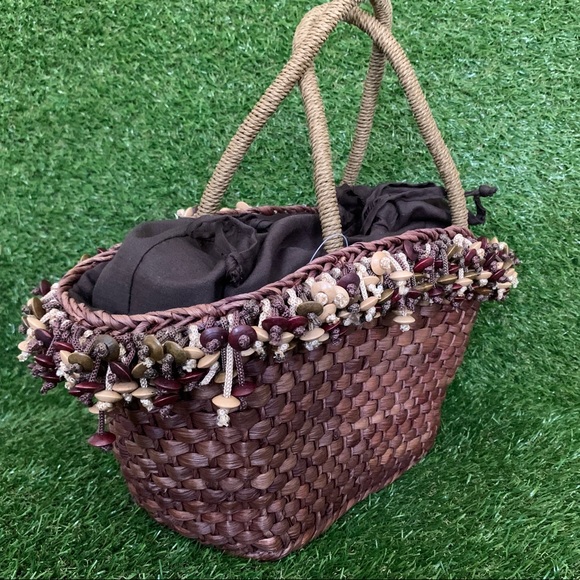 Bags | Woven Draw String Tote With Beaded Trim | Poshmark